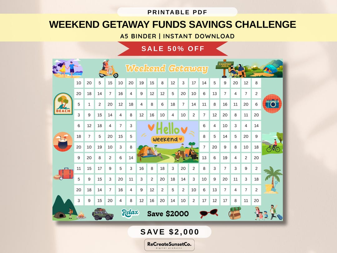 Weekend Getaway Funds Savings Challenge 2026 Save 2000 A5 Savings ...