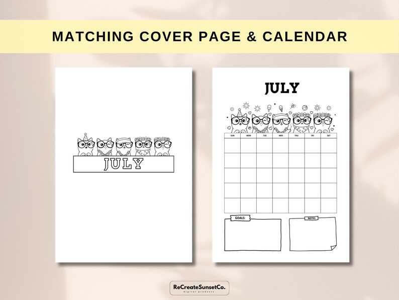 July Title Page and Calendar, Printable Calendar, Cat Theme, Digital ...