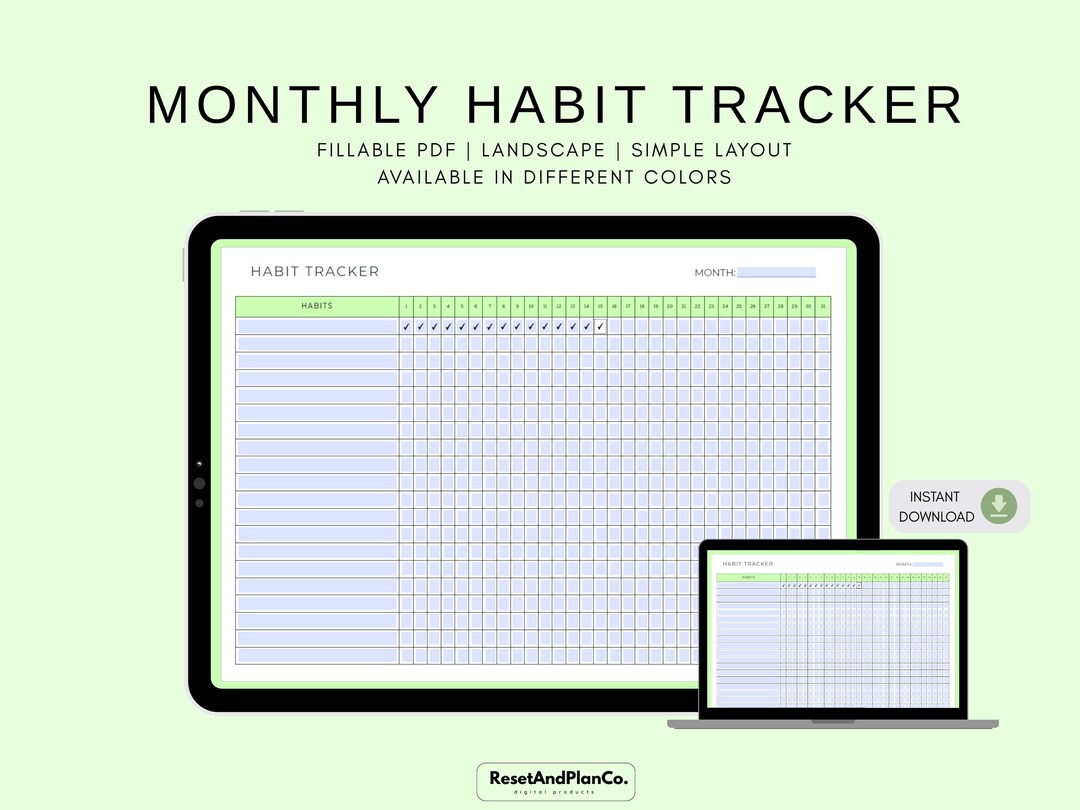 Green Fillable Habit Tracker PDF Pastel Digital & Printable Monthly ...
