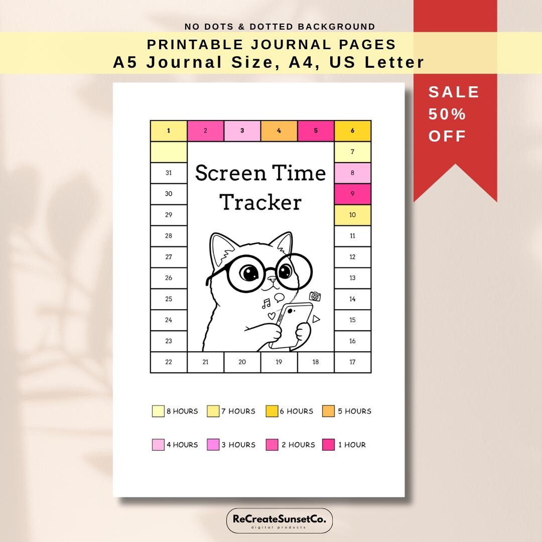 Cat Screen Time Tracker Printable: Monthly Habit Log (digital Download ...