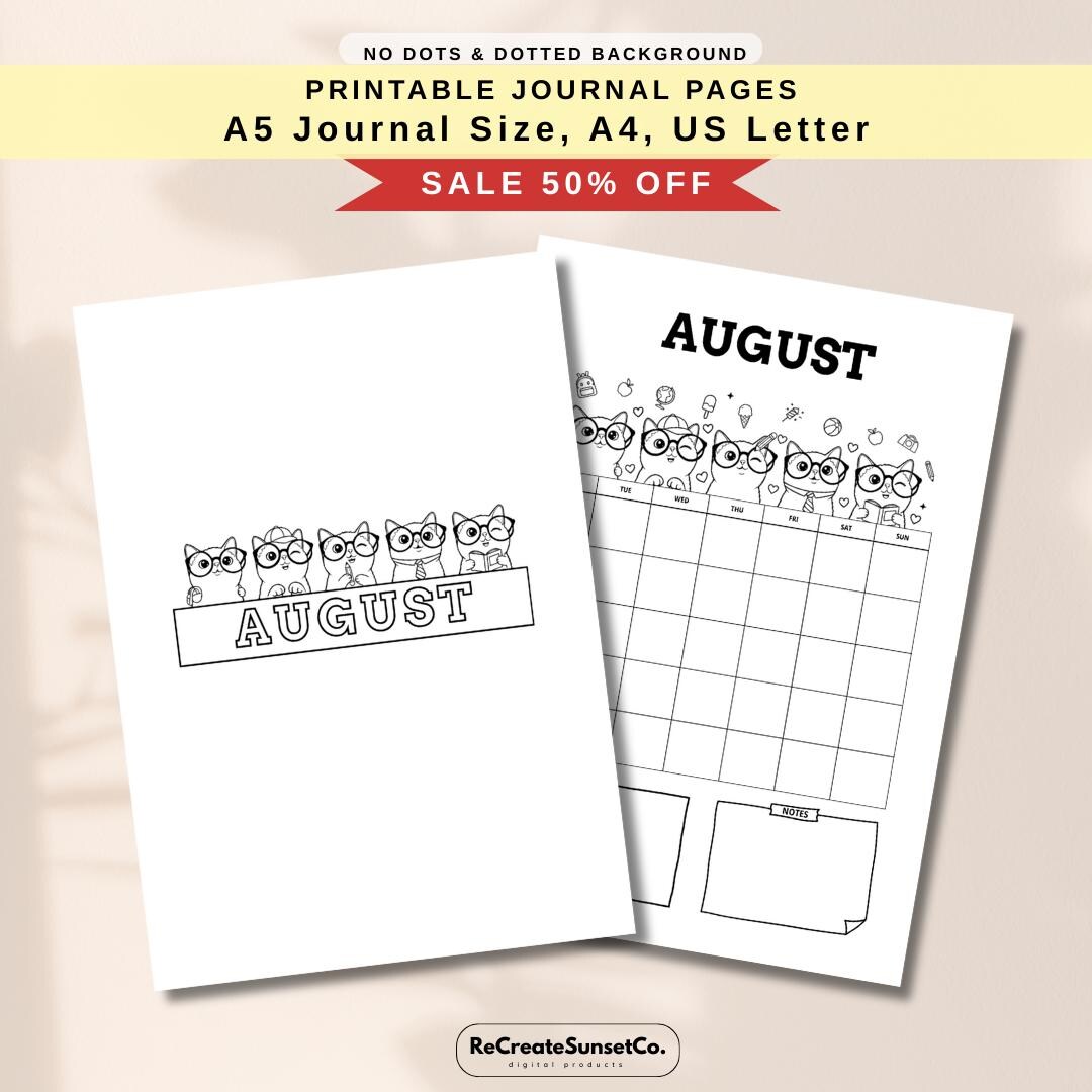 August Title Page and Calendar Printable Cat Theme Journal Title Page ...