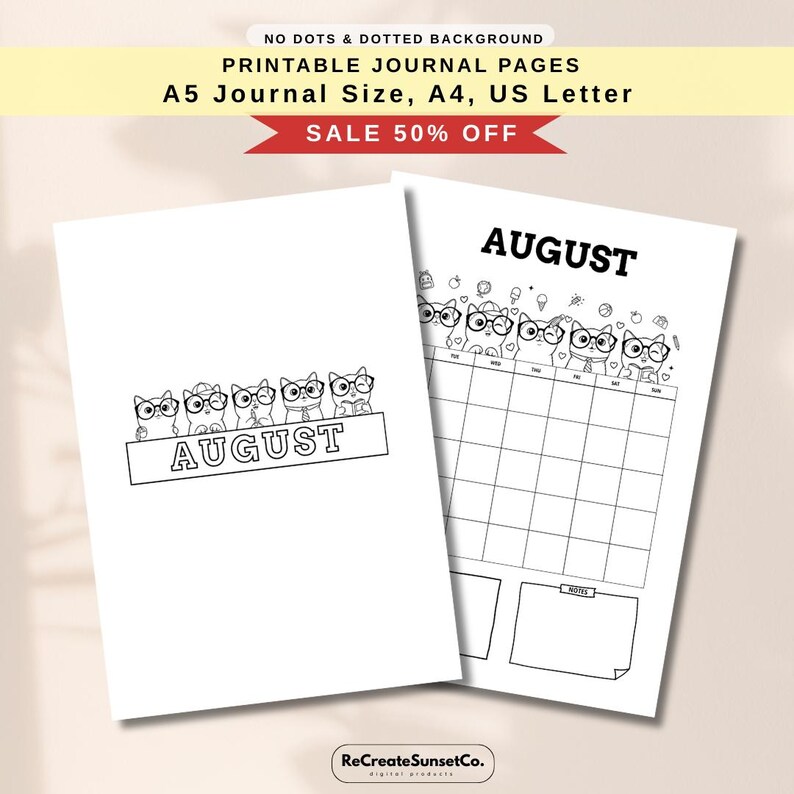 August Title Page and Calendar Printable Cat Theme Journal Title Page ...