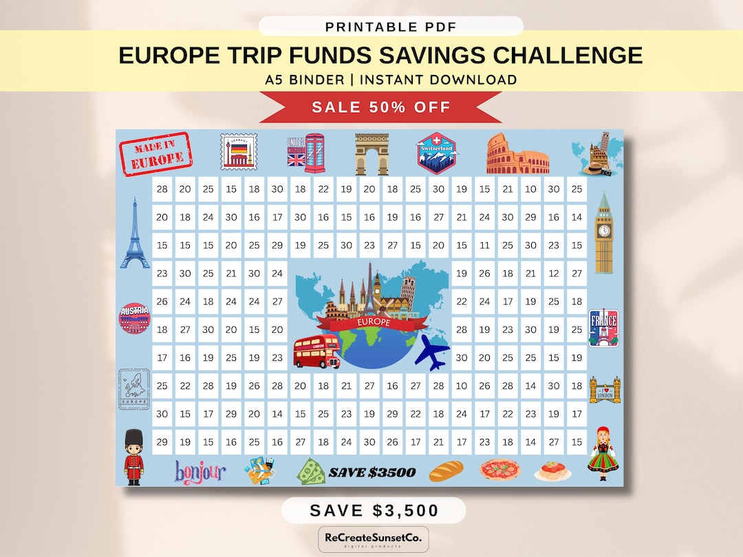 Europe Trip Funds Savings Challenge 2026 Savings Challenge Save 3500 A5 ...