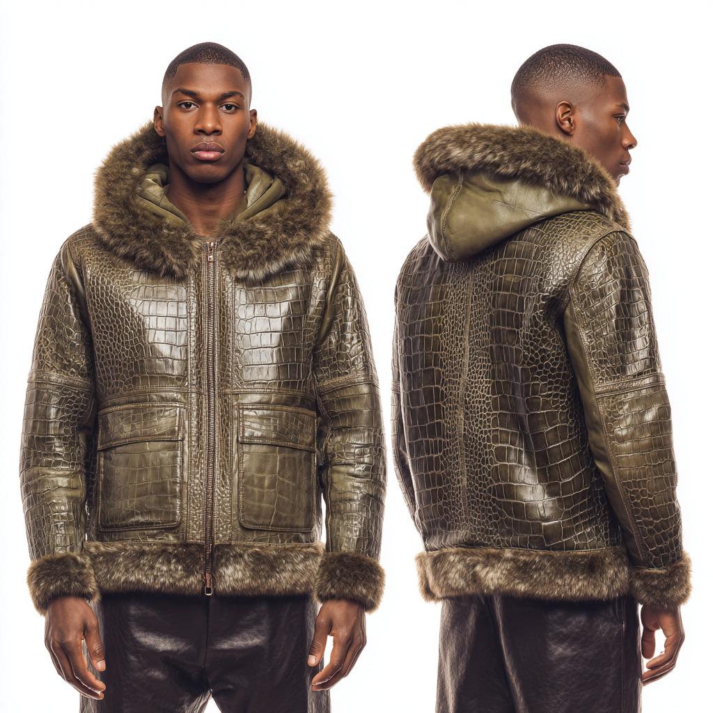 Men’s Luxury Crocodile Embossed Cowhide Leather Jacket With Fur Hood - Etsy