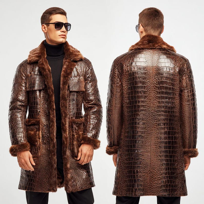 Men’s Crocodile Embossed Leather Fur Coat , Brown Luxury Winter ...