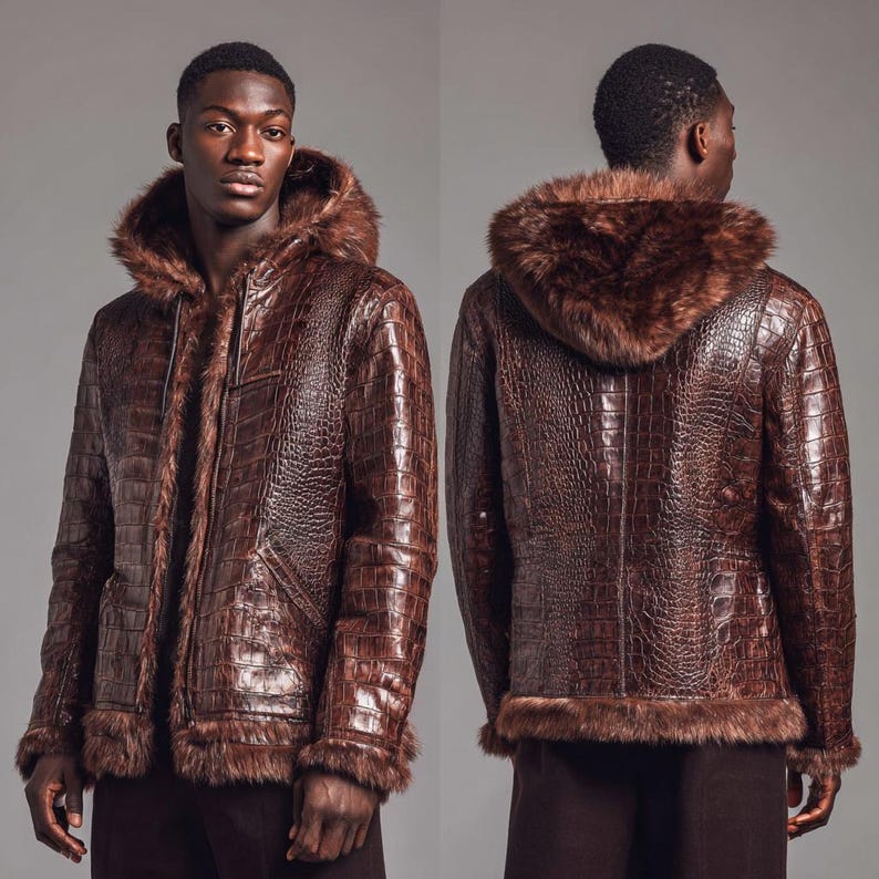 Men’s Luxury Crocodile Embossed Cowhide Leather Jacket With Fur Hood - Etsy