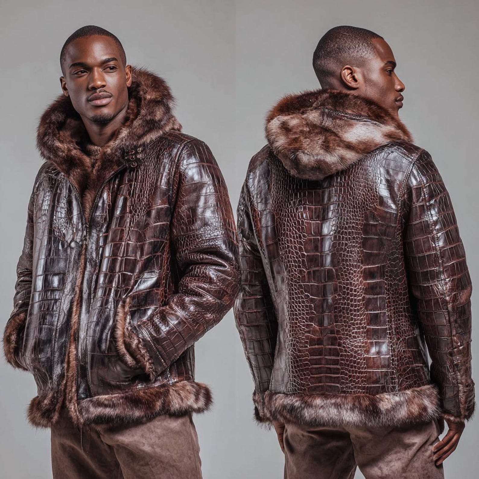 Men’s Luxury Crocodile Embossed Cowhide Leather Jacket With Fur Hood - Etsy