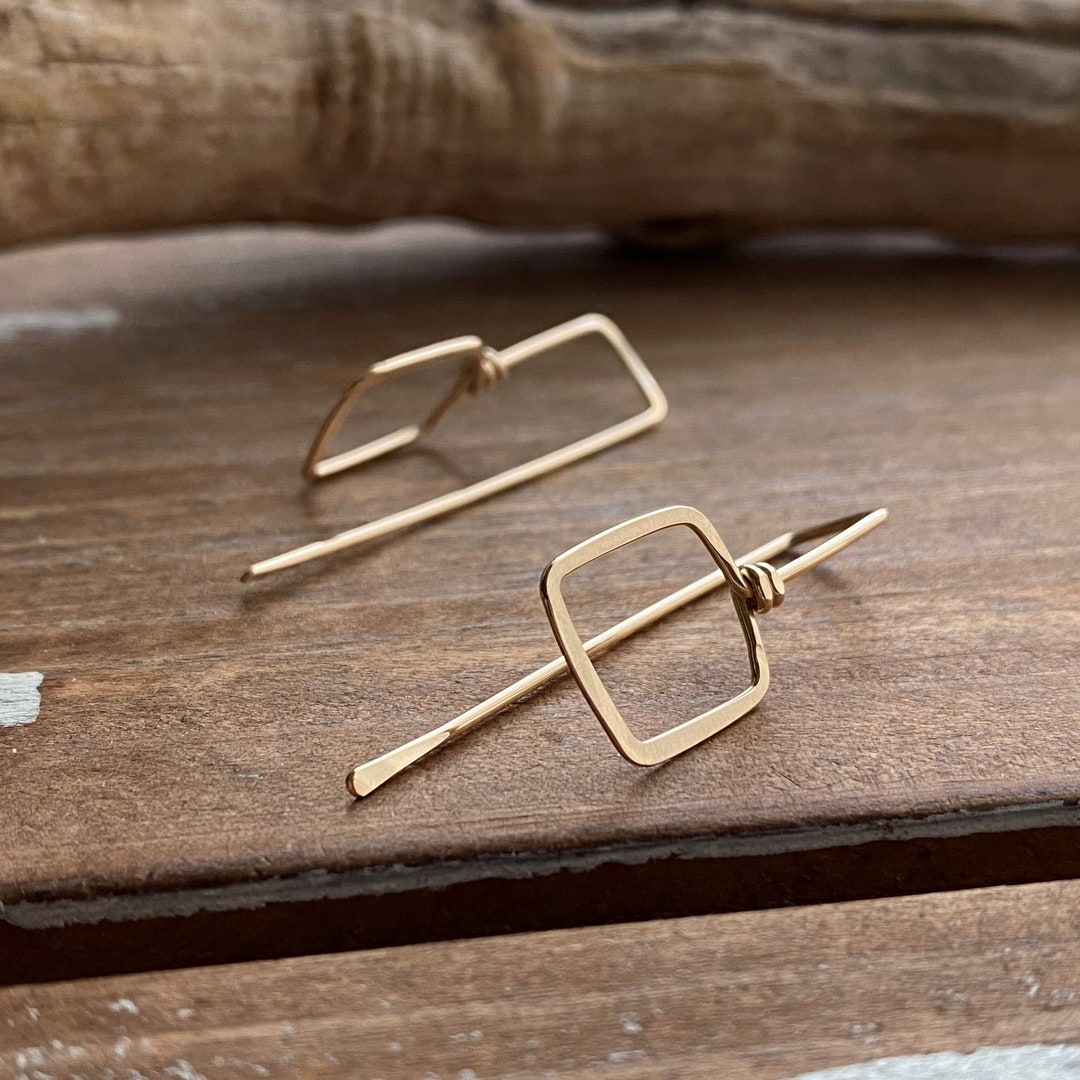 Gold Square Earrings Rectangle Threaders Long Back - Etsy