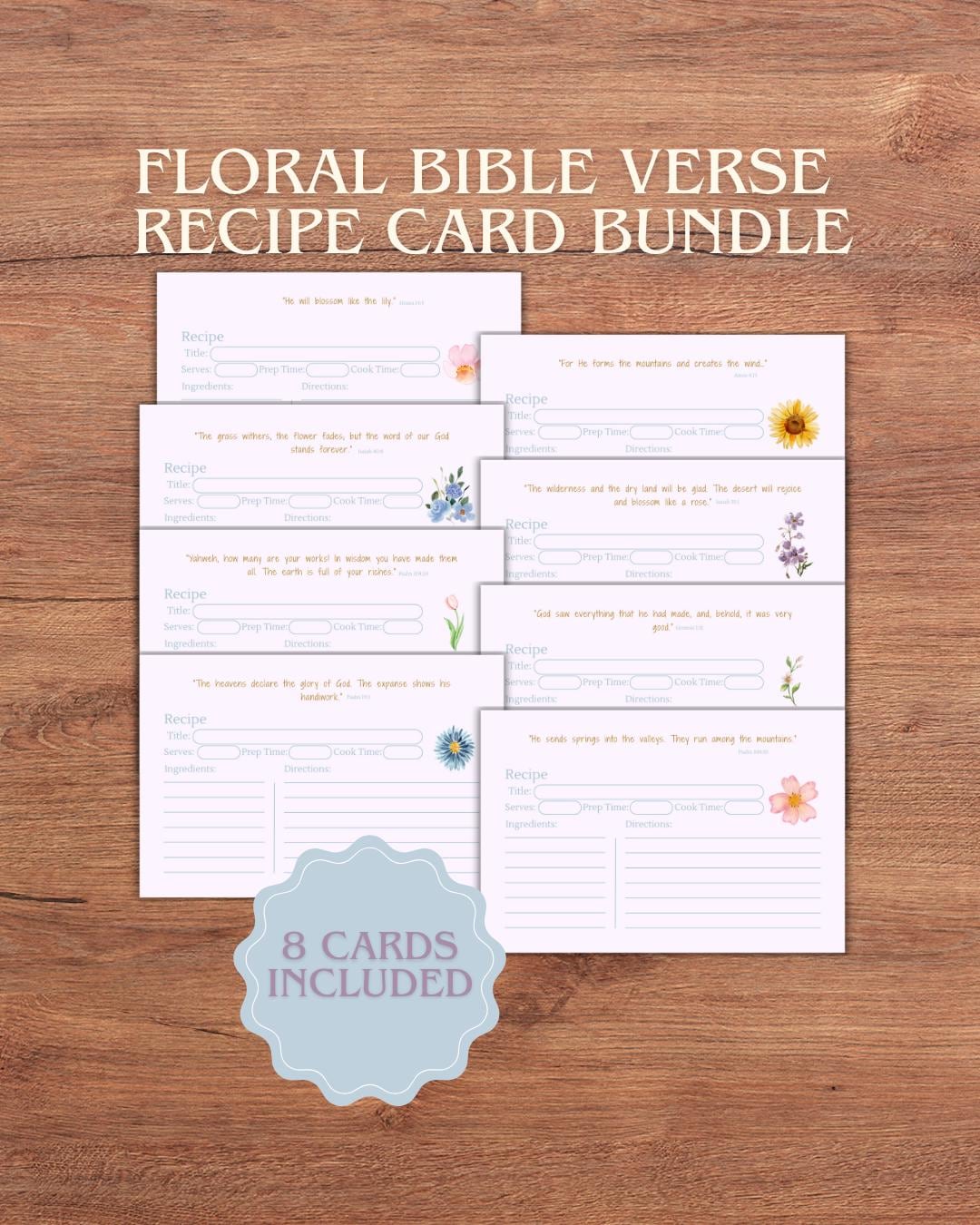 Floral Bible Verse Recipe Cards Christian Kitchen Decor Blank Recipe ...