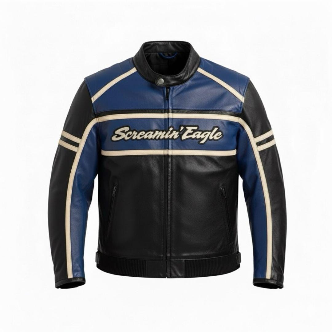 Men's Screamin Eagle Blue Racing Jacket | Handmade Real Leather Biker ...
