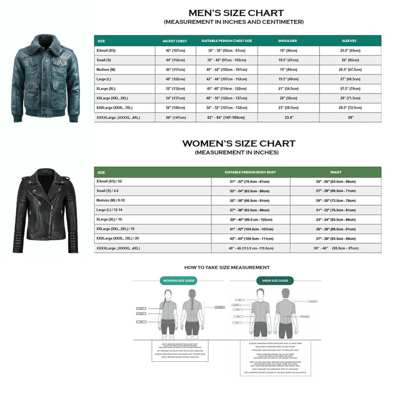 Size Chart of Jackets for Men and Women - Etsy