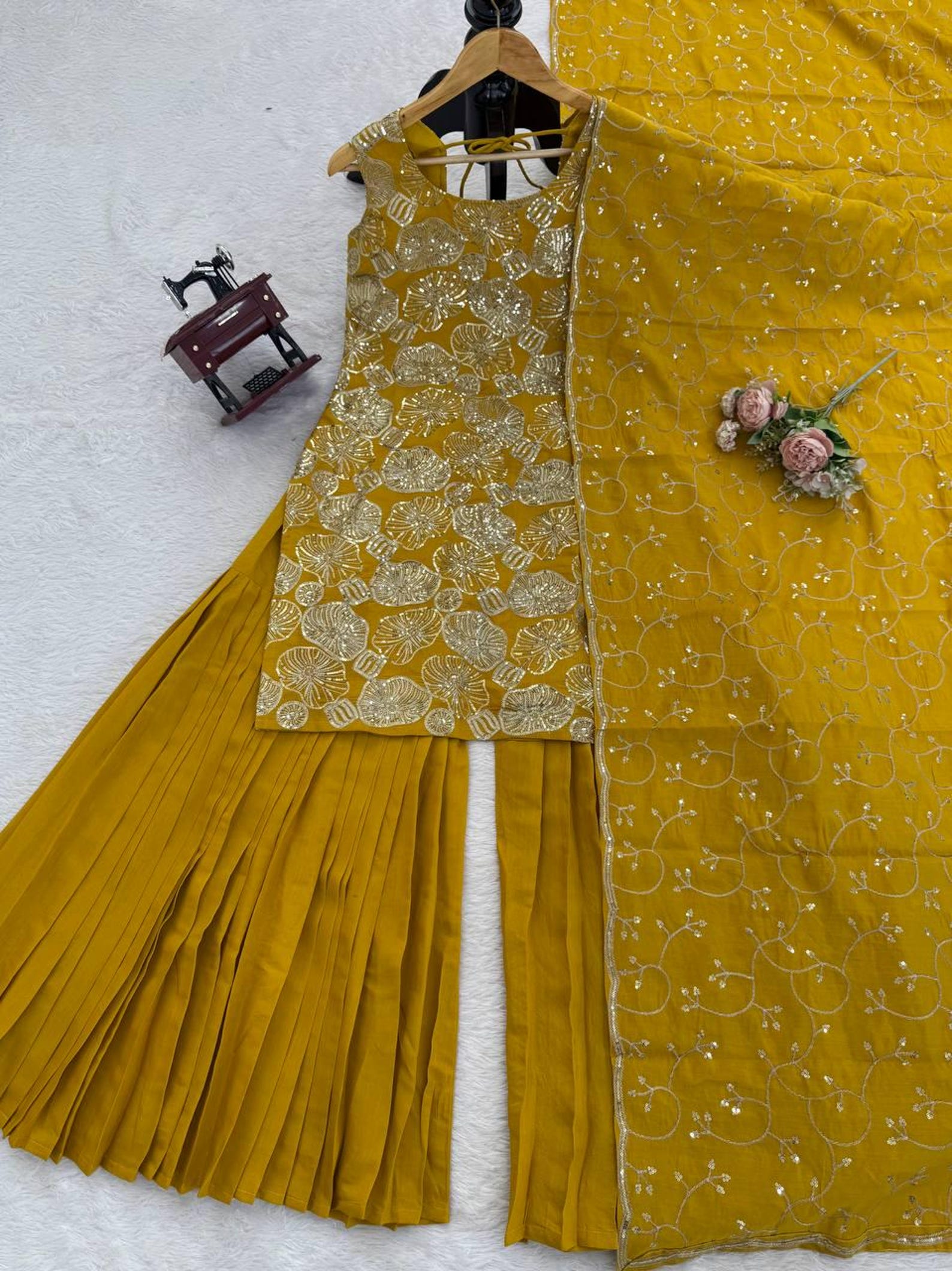 Yellow Embroidered Sharara Suit With Dupatta, Indian Festive Wear ...