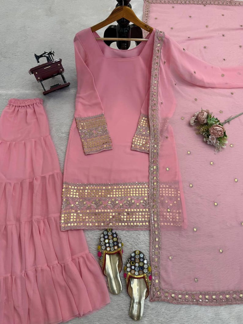Blush Pink Kurta Sharara Set for Women Embroidered Party Wear Indian ...