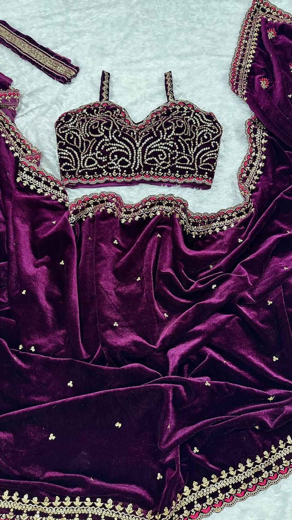 Plum Velvet Saree With Sequins, Dori Thread Work Indian Designer Saree ...