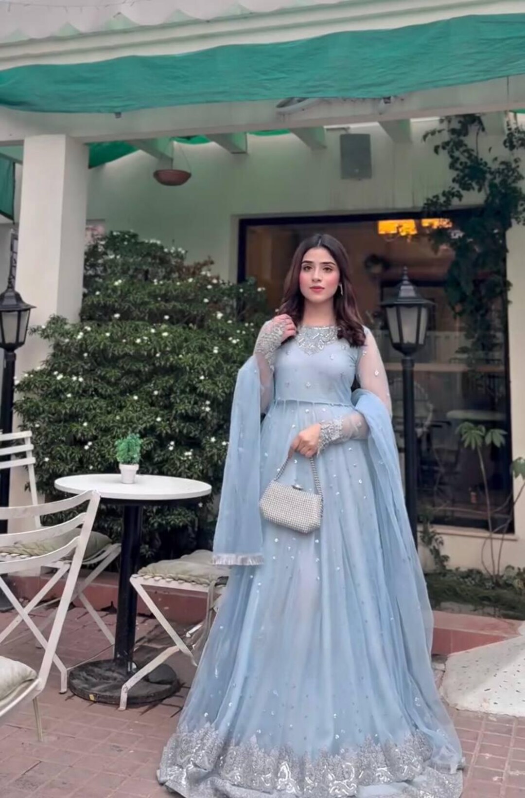 Powder Blue Anarkali Gown With Dupatta Embroidered Indian Party Wear ...