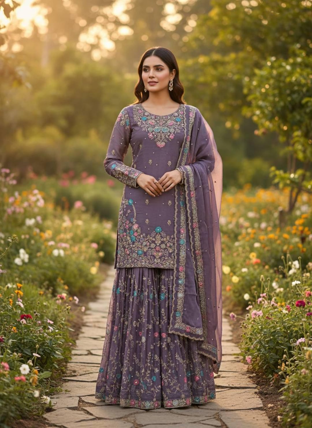 Embroidered Sharara Suit Set for Women Wedding Party Wear Floral ...