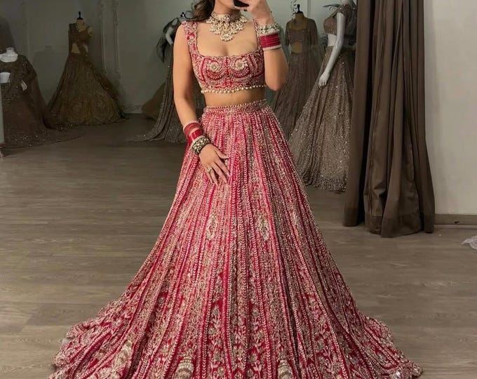 Bridesmaid Red Bridal Lehenga Choli, Boomer Silk With Thread Embroidery ...