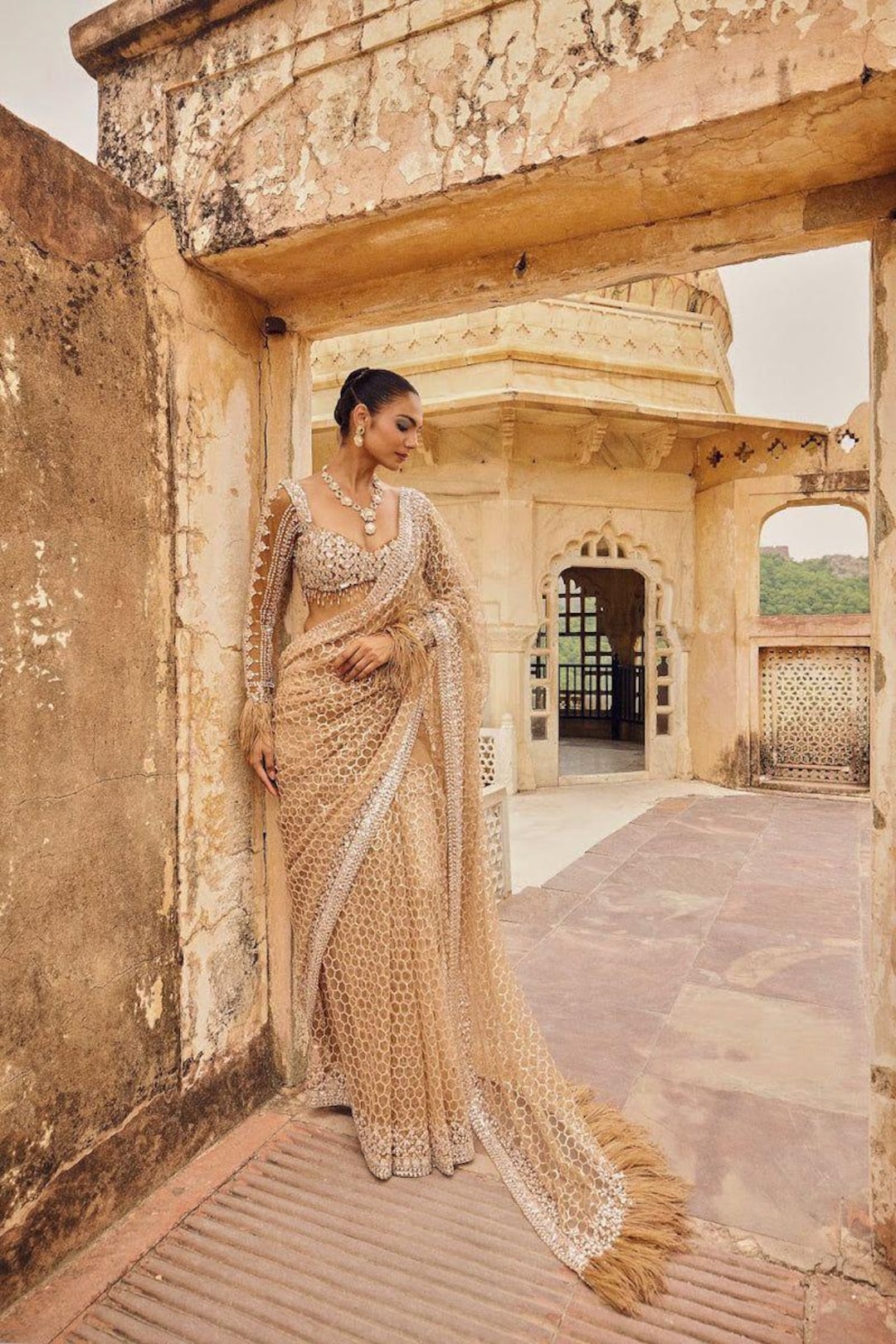 Designer Gold Net Saree, Heavy Net With Sequins Embroidery, Indian ...