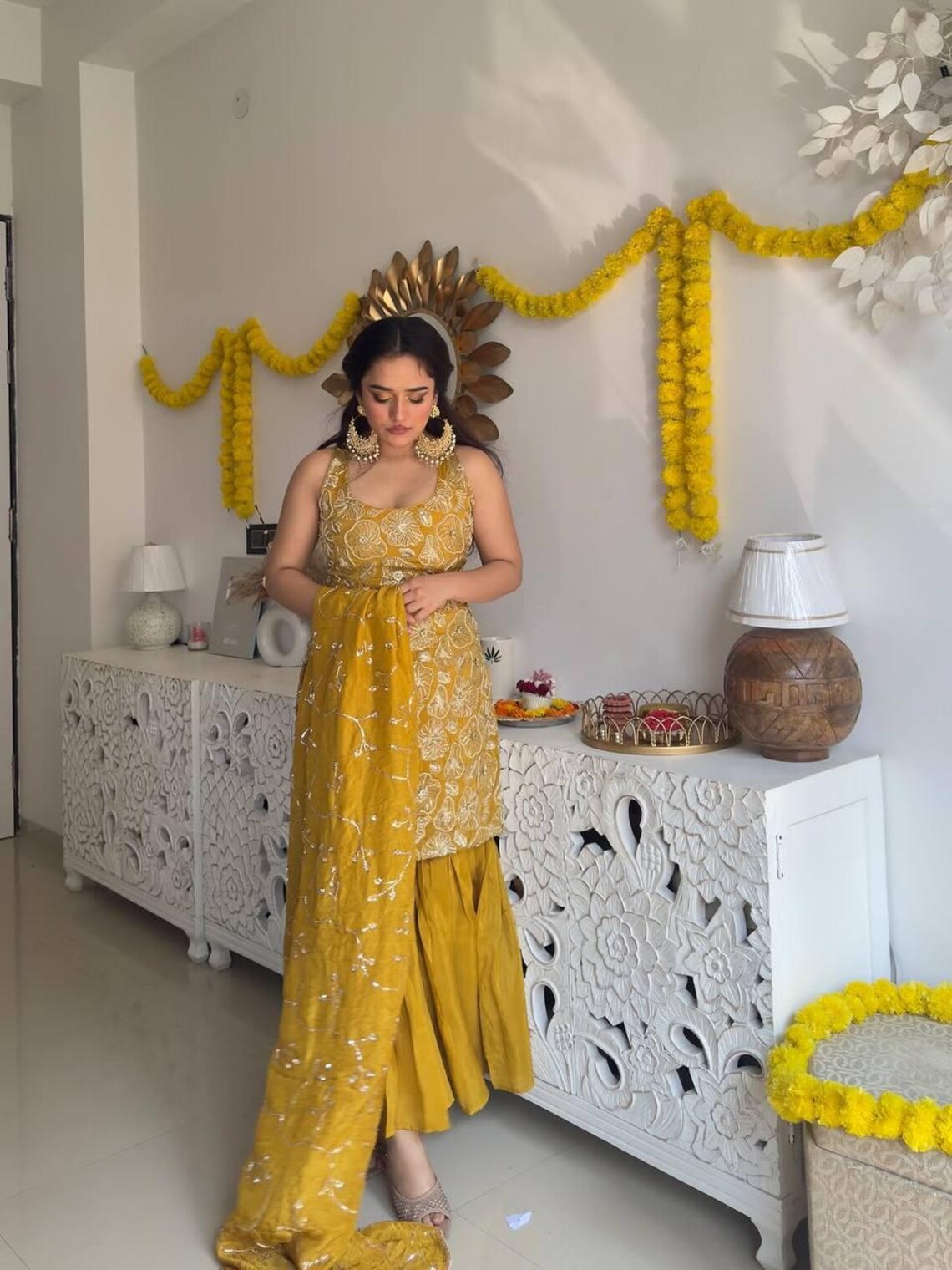 Yellow Embroidered Sharara Suit With Dupatta, Indian Festive Wear ...