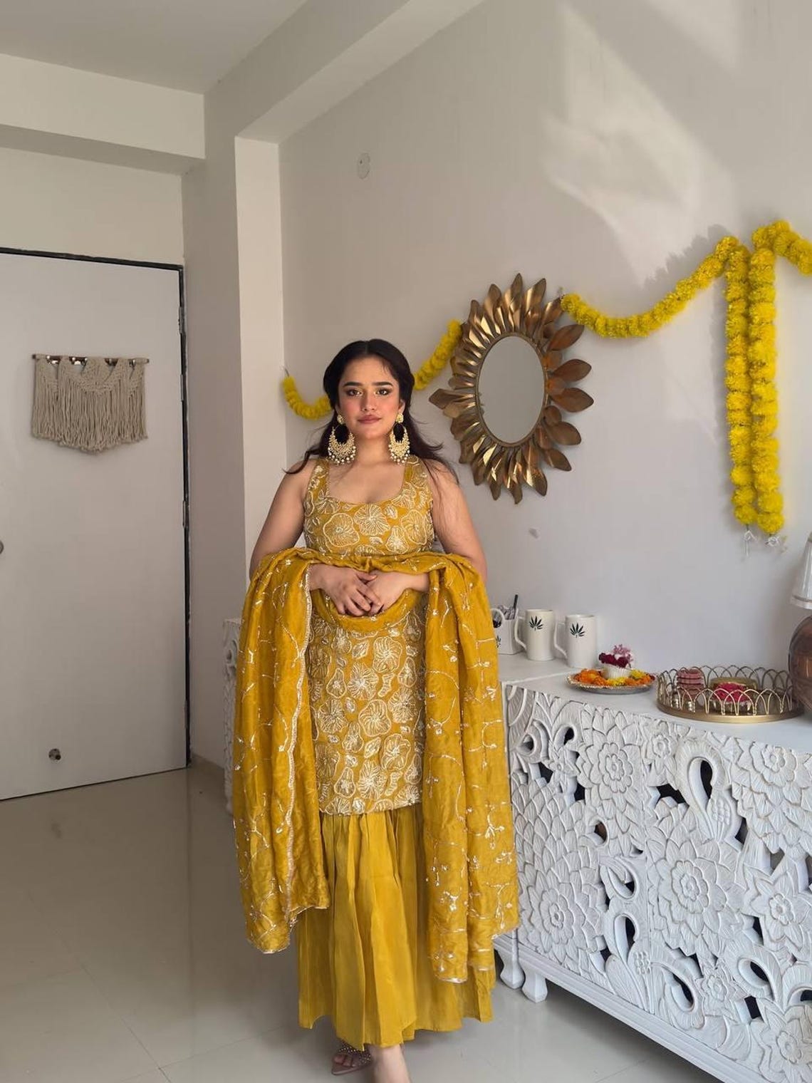 Yellow Embroidered Sharara Suit With Dupatta, Indian Festive Wear ...
