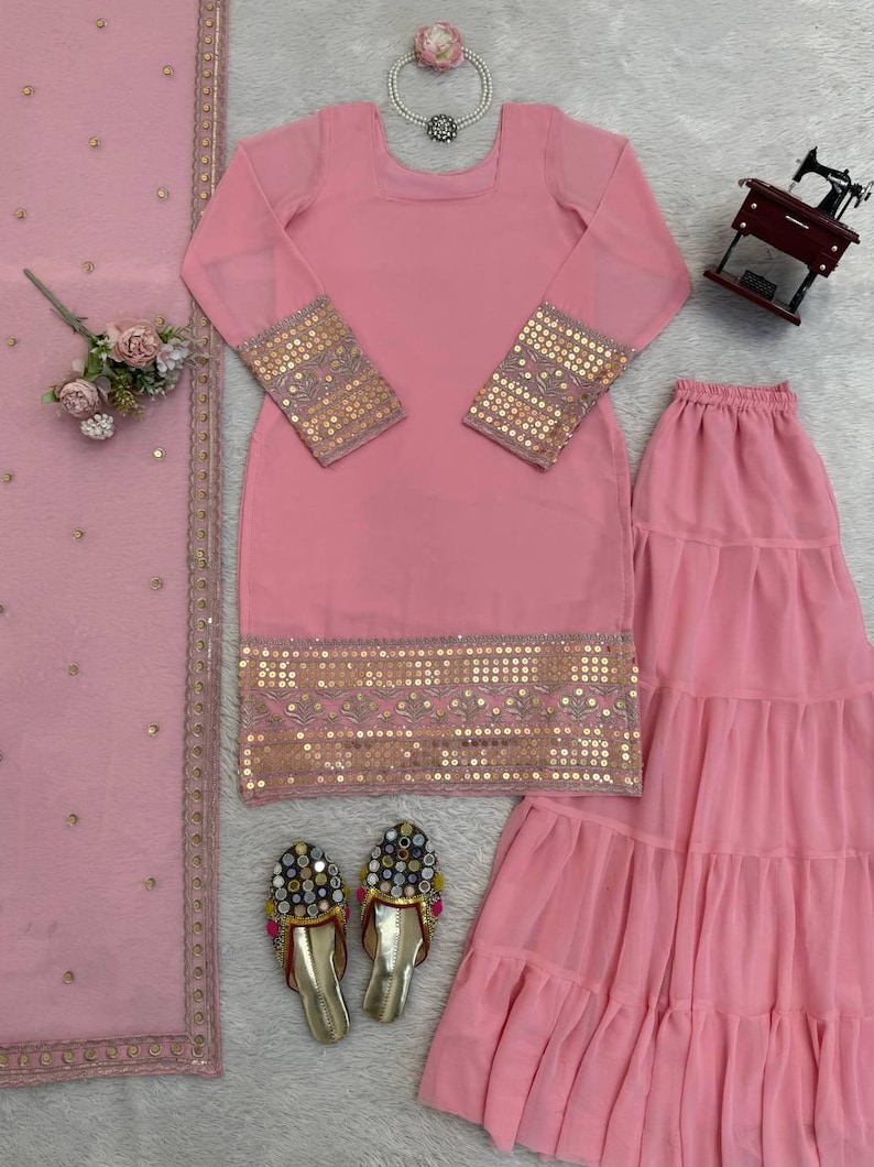 Blush Pink Kurta Sharara Set for Women Embroidered Party Wear Indian ...