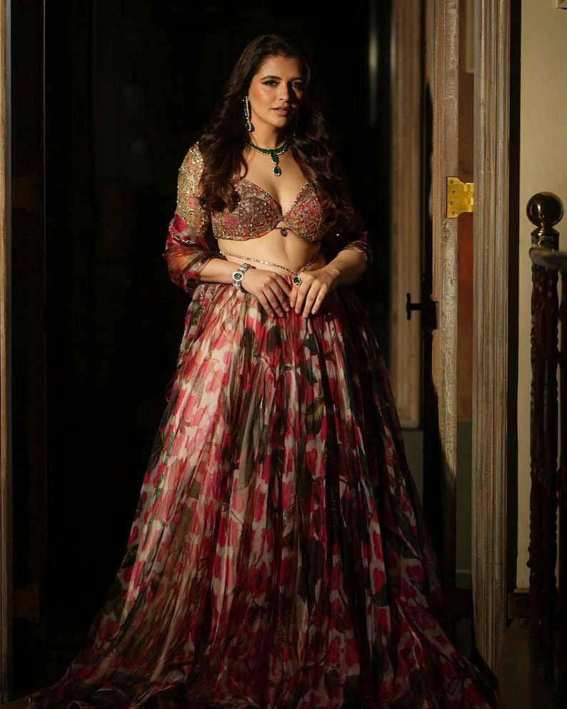 Floral Organza Lehenga Choli Set Red Printed Bridal Lehenga for Women ...