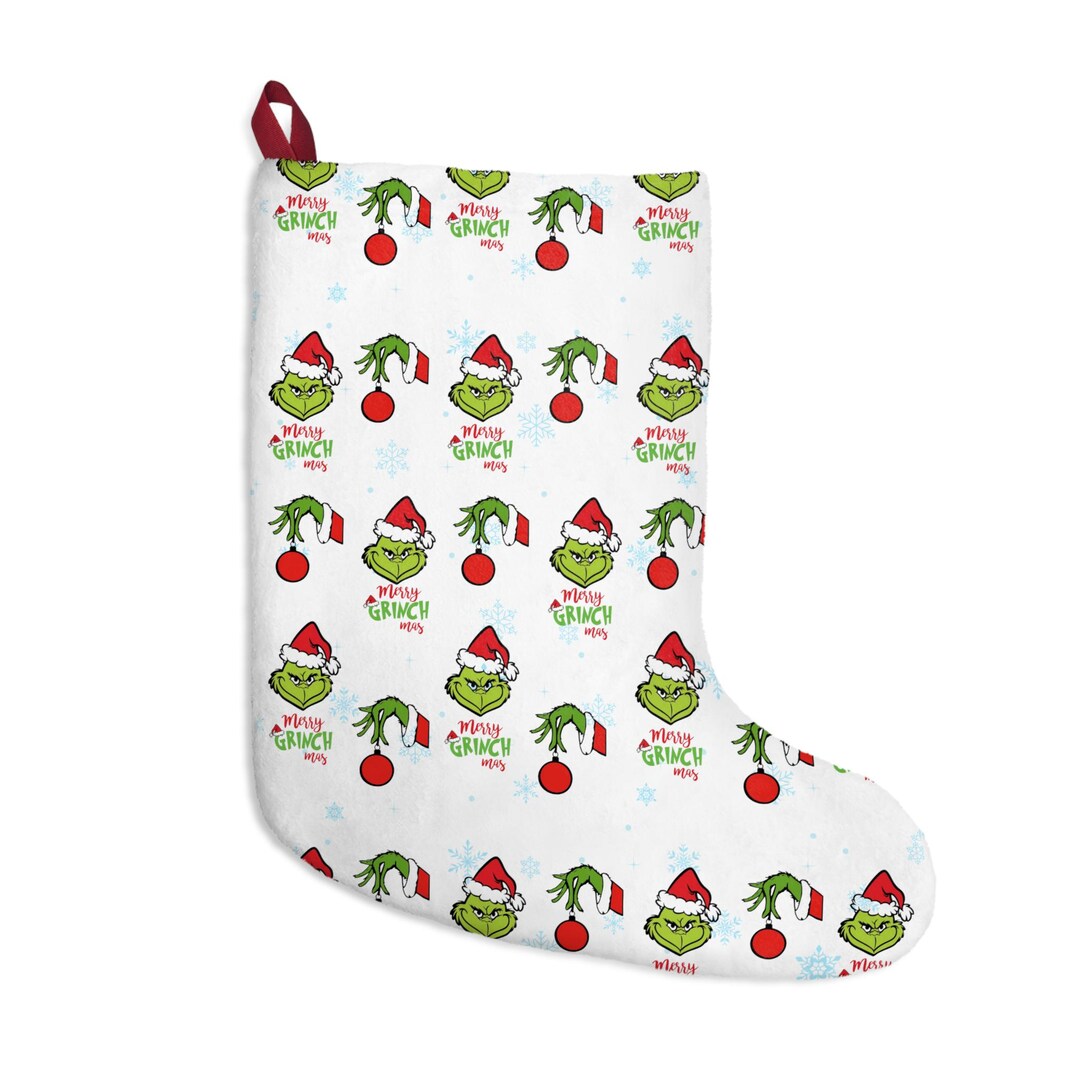 Grinch Pattern Christmas Stocking | Holiday Stocking With Santa Hat ...