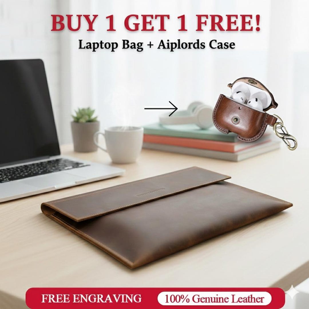 Personalized Leather Laptop Bag With Airpods Case, Free Engraving - Etsy