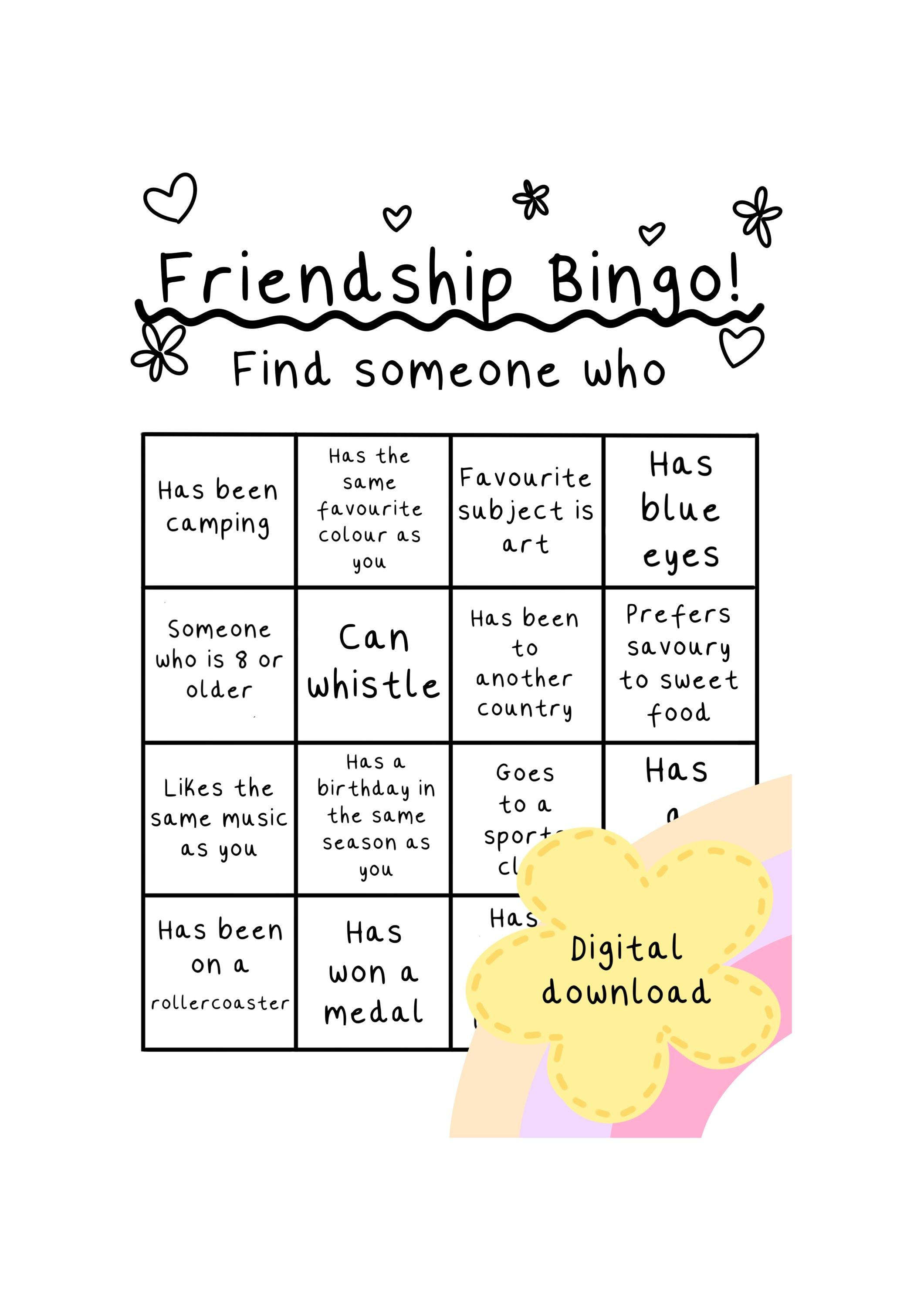 Friendship Bingo Teaching Aid Activity Sheet for Children - Etsy