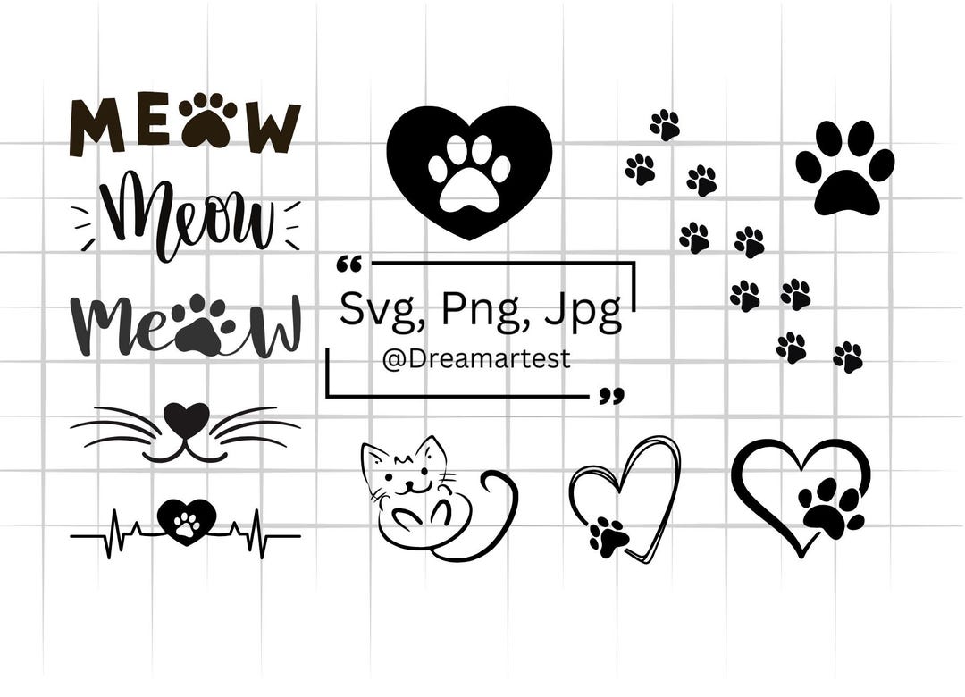 Paw Print Svg Bundle, Paw Heart Svg, Paw Cut File for Cricut, Meow Svg ...