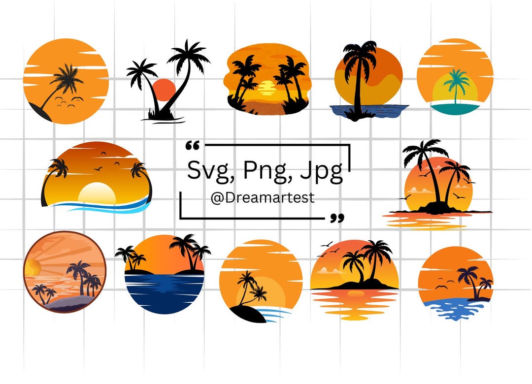 Retro Sunset SVG, Vintage Sunset Clipart, Palm Tree Silhouette, Summer ...