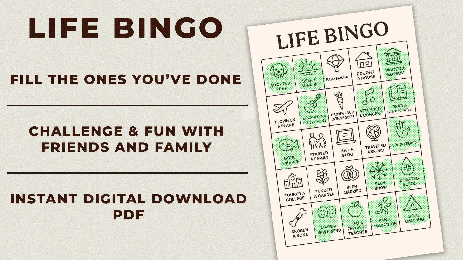 Life Bingo Game – Printable Life Experiences Checklist, Fun Activity ...