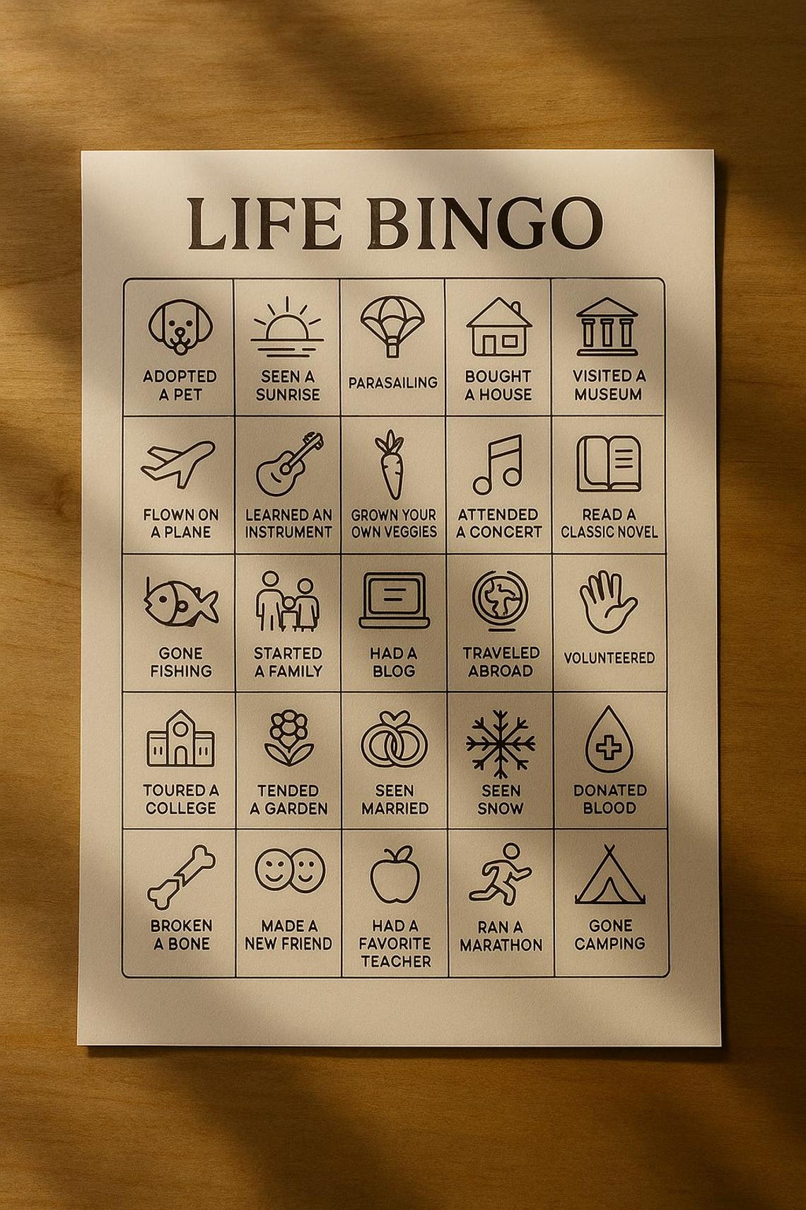Life Bingo Game – Printable Life Experiences Checklist, Fun Activity ...