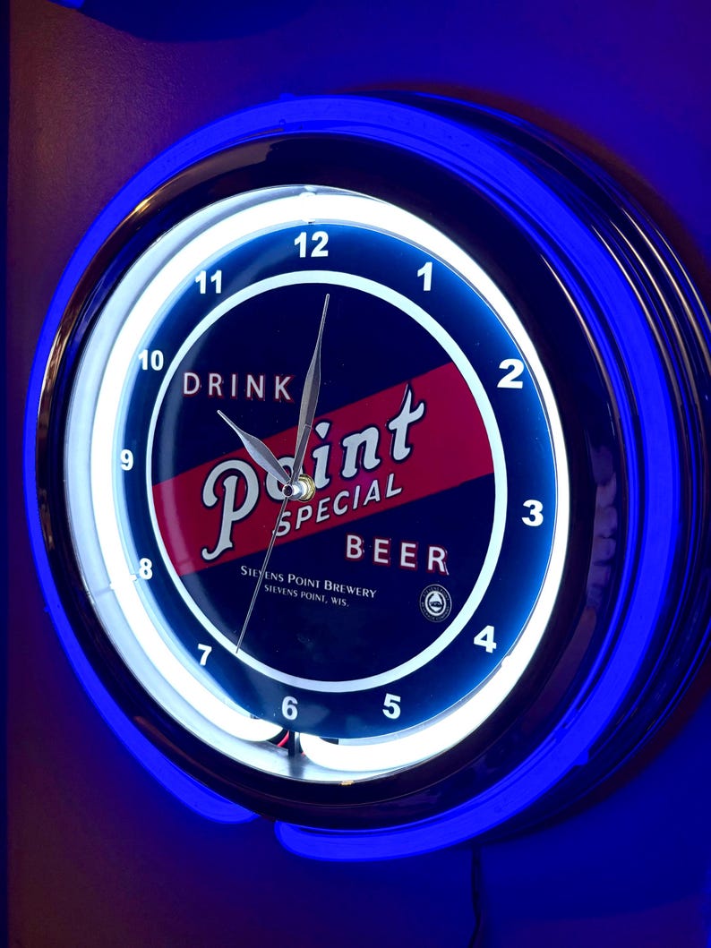 Point Beer Wisconsin Bar Man Cave Blue Neon Style LED Retro Wall Clock ...