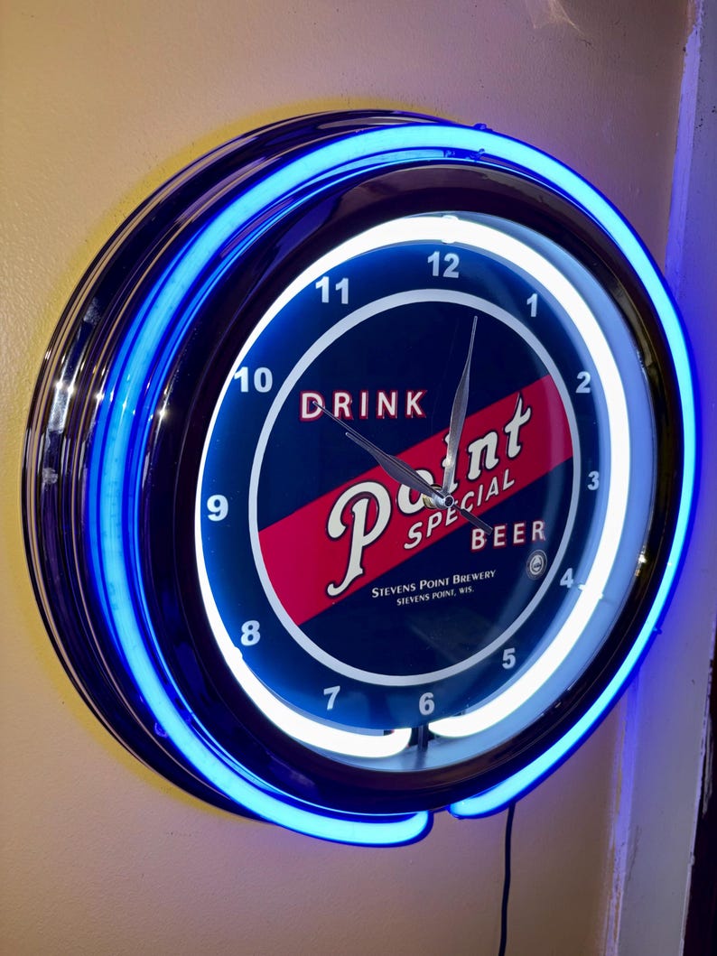 Point Beer Wisconsin Bar Man Cave Blue Neon Style LED Retro Wall Clock ...