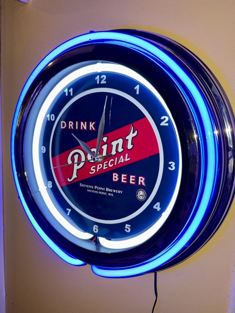 Point Beer Wisconsin Bar Man Cave Blue Neon Style LED Retro Wall Clock ...