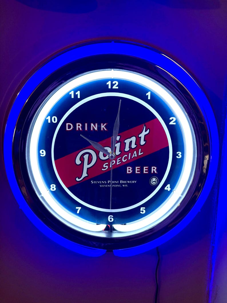Point Beer Wisconsin Bar Man Cave Blue Neon Style LED Retro Wall Clock ...