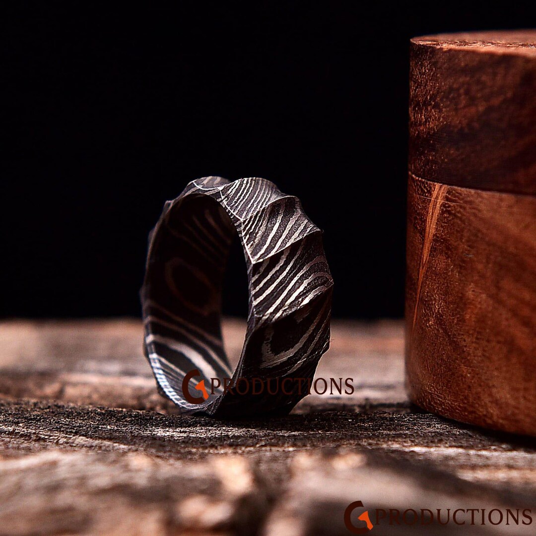 Damascus Steel Whiskey Barrel Dome Ring, Engagement Ring, Wedding Ring ...