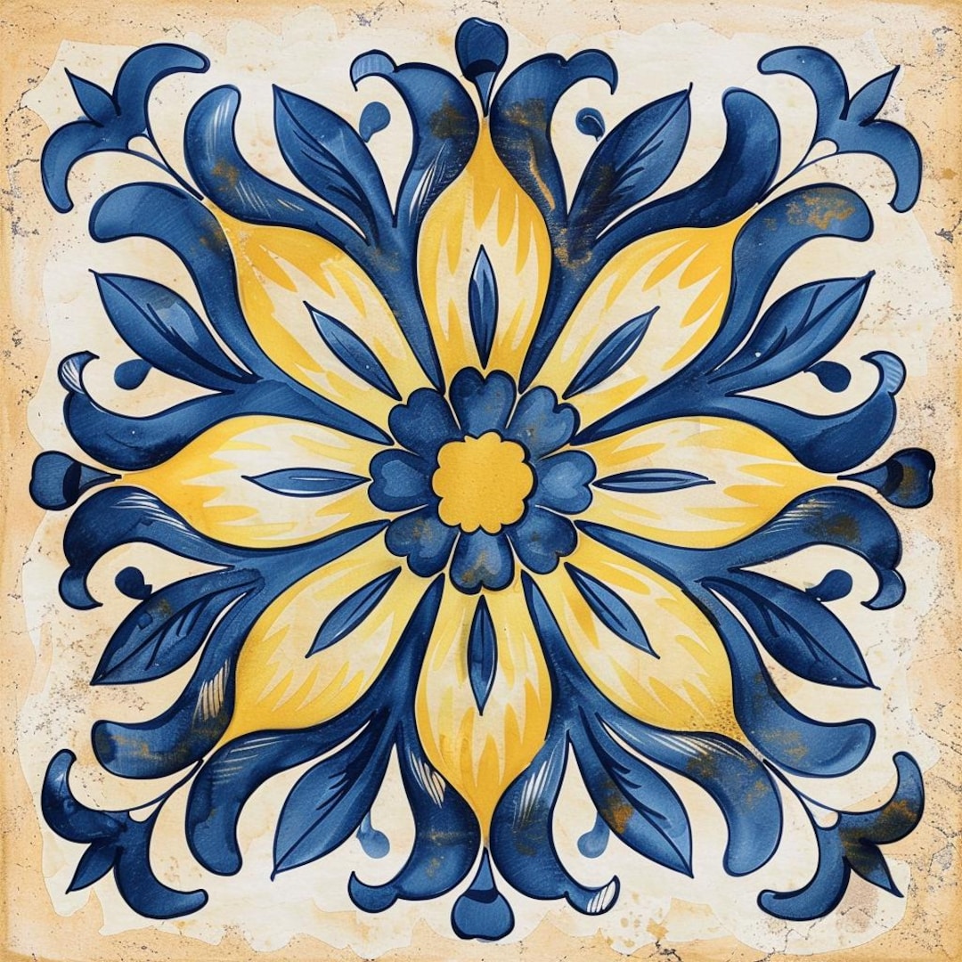Amalfi Sunburst Bloom Tile – Mediterranean Vintage, Rustic Tuscan ...