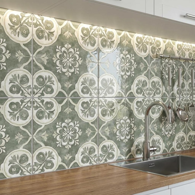 Sage Veranda Medallion Tile – Mediterranean Vintage, Rustic Tuscan ...
