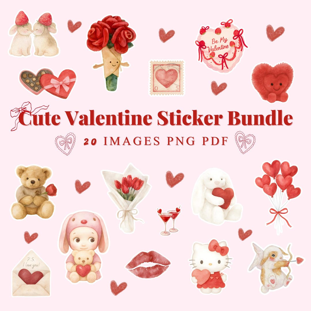 Cute Valentine's Day Sticker Bundle – 20 PNG & PDF Clipart | Digital ...