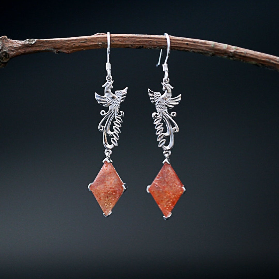 1PAIR 925 Sterling Silver Carved Phoenix With Sun Stone Faceted ...
