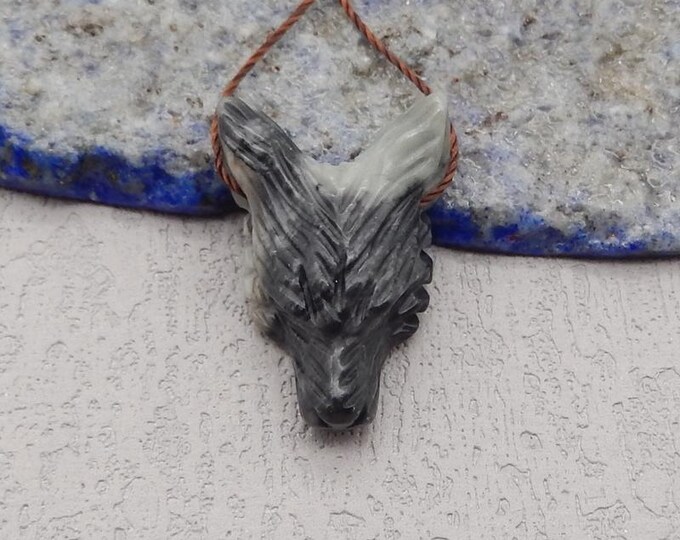 Carved Natural Picasso Jasper Wolf Head Gemstone Pendant Bead, Side ...