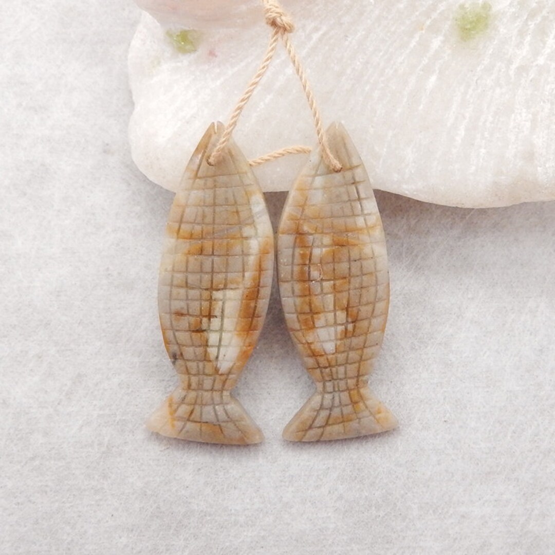 New Carved Natural Picasso Jasper Fish Shape Gemstone Earring Beads ...