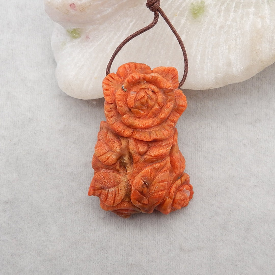 Carved Natural Orange Coral Flower Gemstone Pendant Bead, Gemstone ...