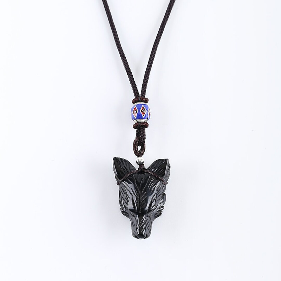 New! Handmade 26 Inch Natural Obsidian Wolf Head Pendant Necklace ...