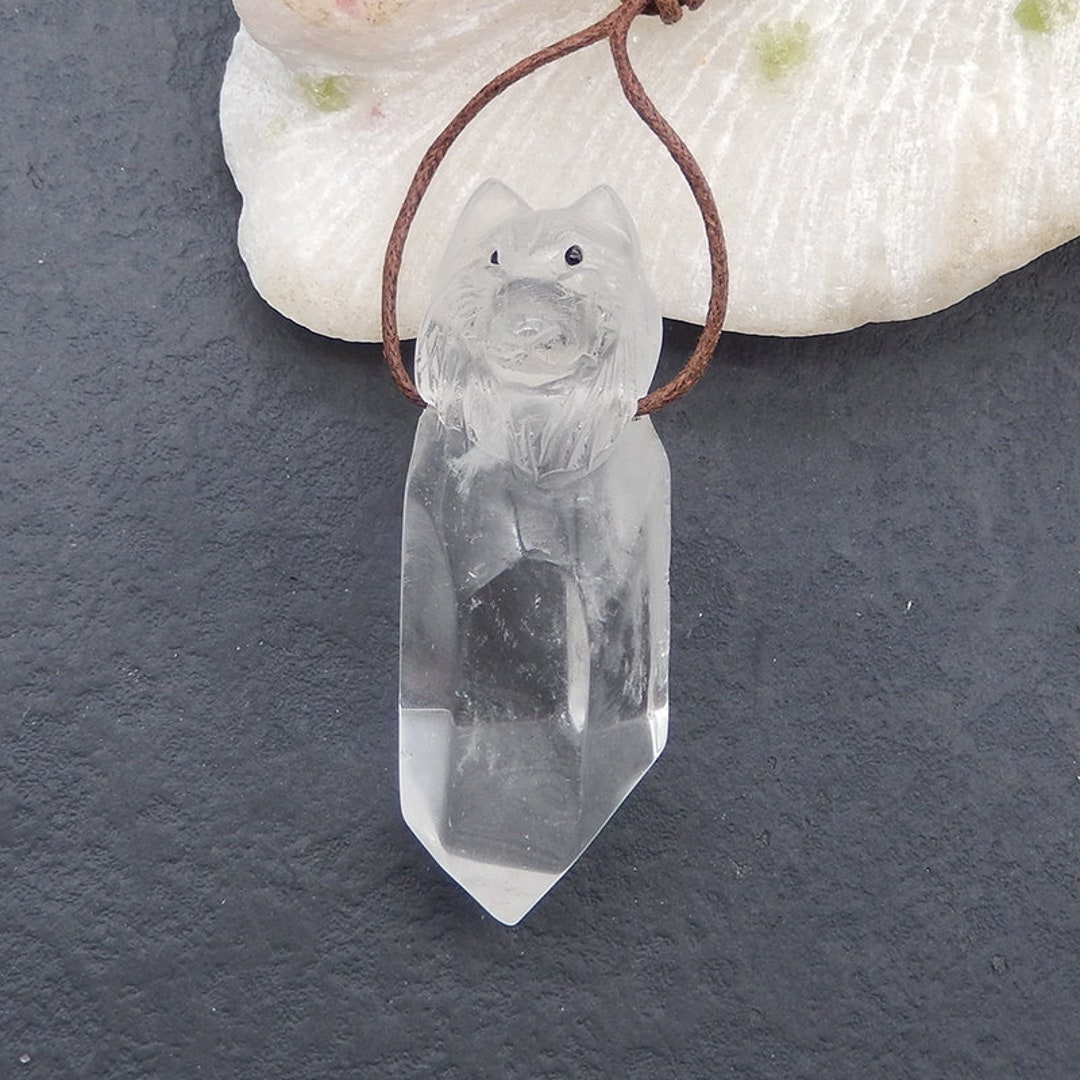 Carved Natural Drusy White Quartz Wolf Pendant Bead, Carved Stone ...