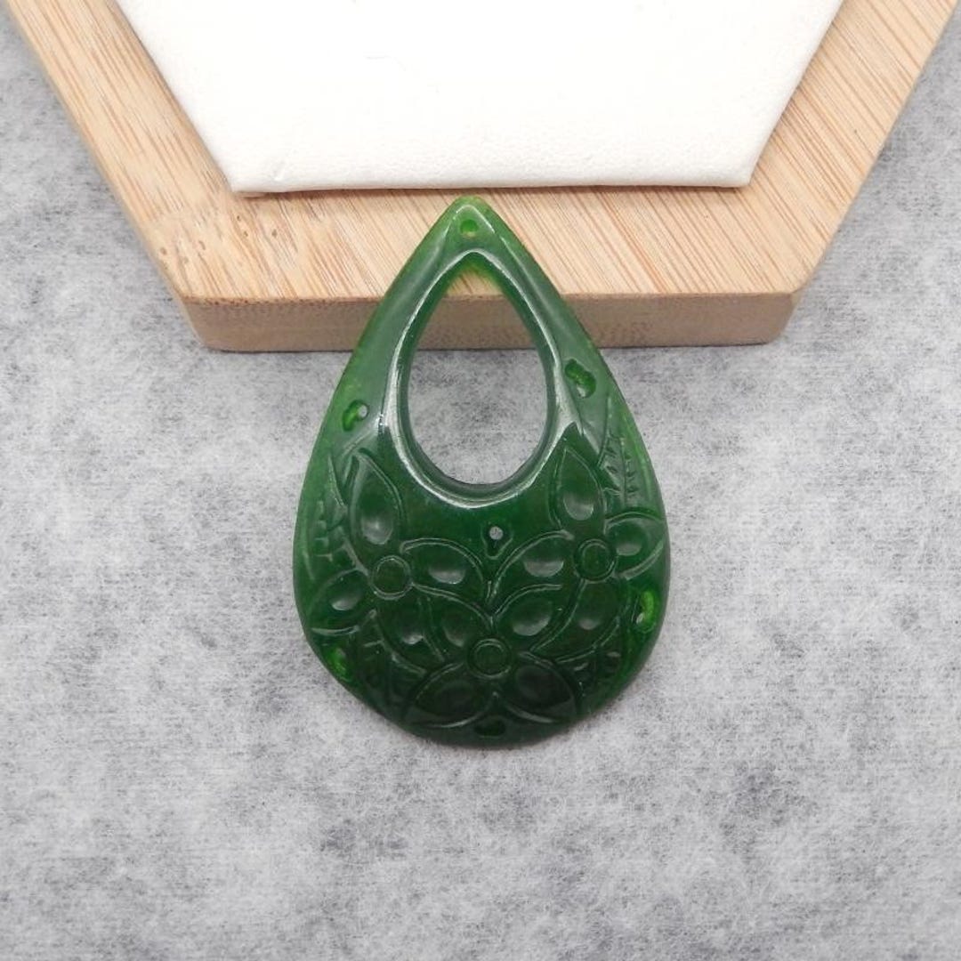 Carved Natural Green Jade Teardrop Gemstone Pendant Bead, Unique ...
