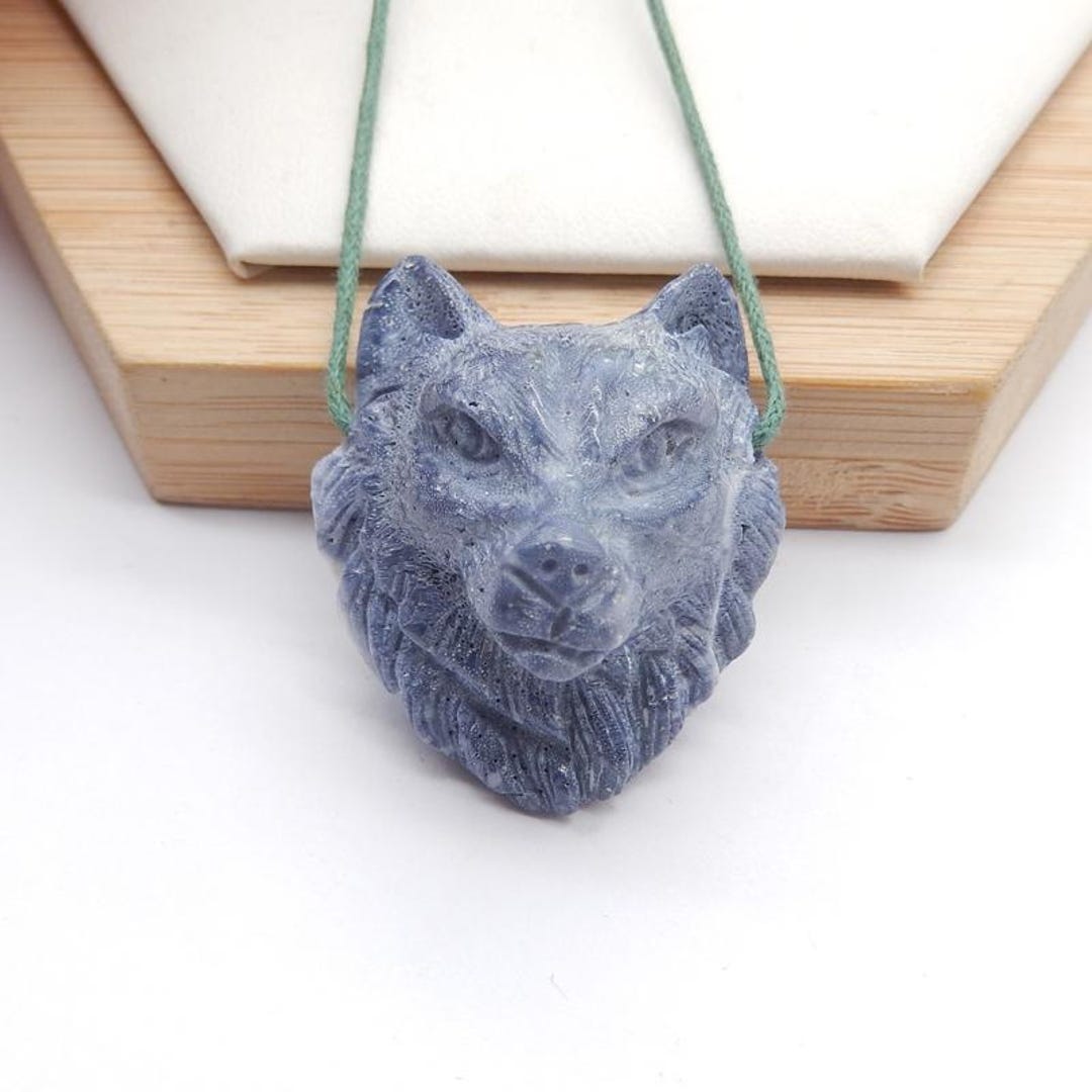 Carved Natural Blue Jasper Wolf Head Gemstone Pendant Bead, Unique ...