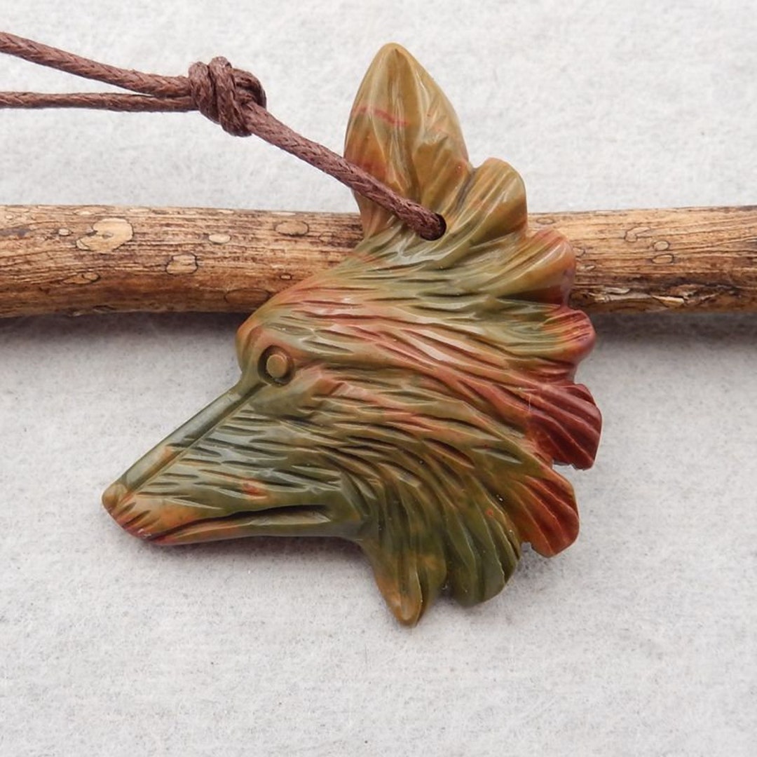 Carved Natural Multi-color Picasso Jasper Wolf Head Gemstone Pendant ...